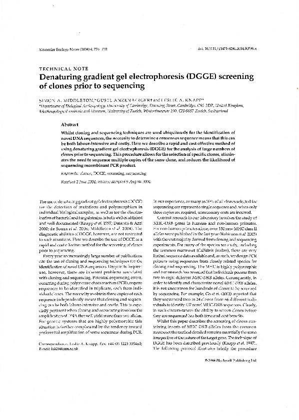 (PDF) Denaturing gradient gel electrophoresis (DGGE) screening of clones prior to sequencing