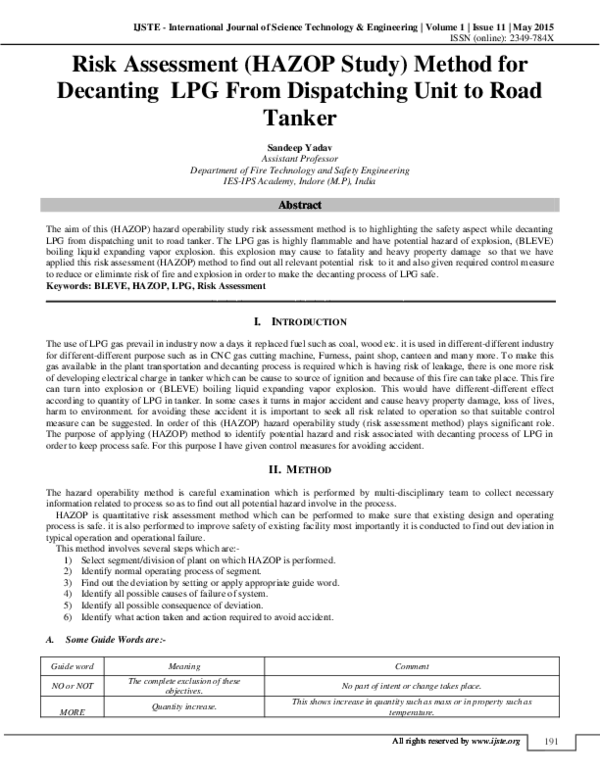 (PDF) Risk Assessment (HAZOP Study) Method for Decanting LPG from ...