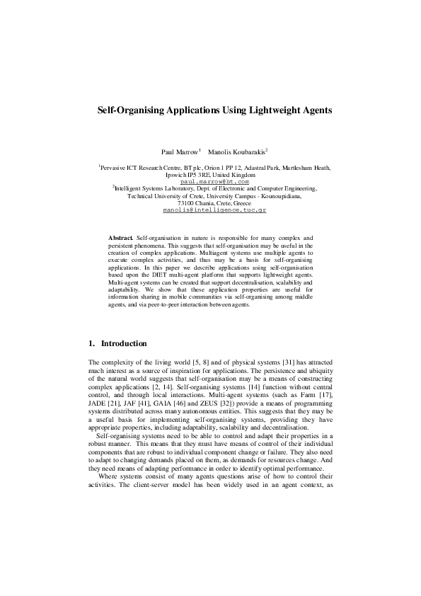 (PDF) Self-Organising Applications Using Lightweight Agents