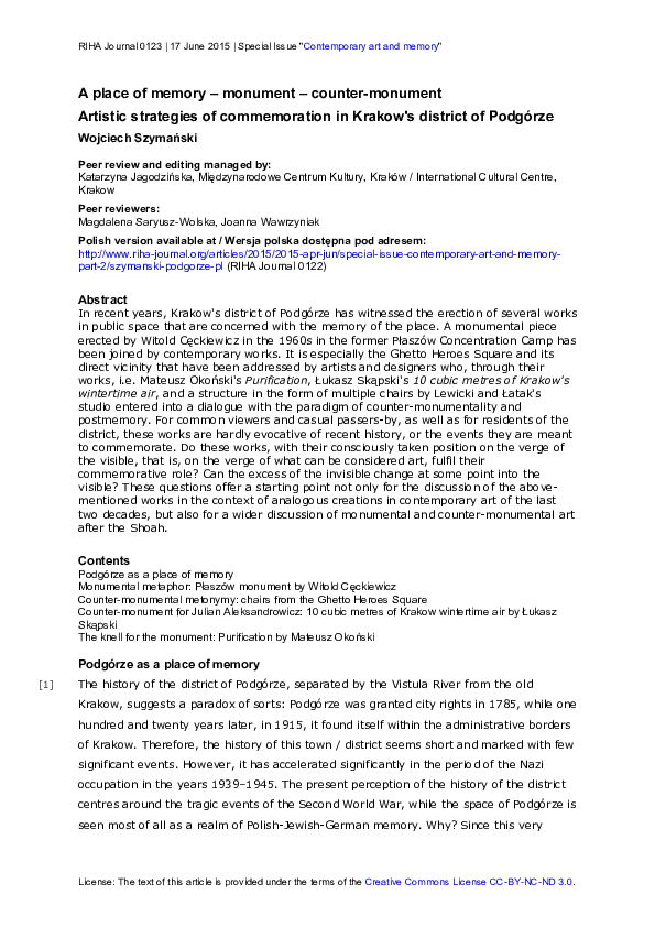 (PDF) A place of memory – monument – counter-monument. Artistic ...