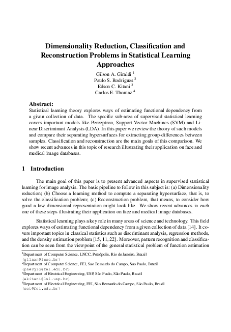(PDF) Dimensionality Reduction, Classification and Reconstruction Problems in Statistical ...