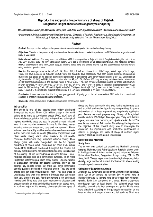 (PDF) Reproductive and productive performance of sheep of Rajshahi, Bangladesh insight about ...