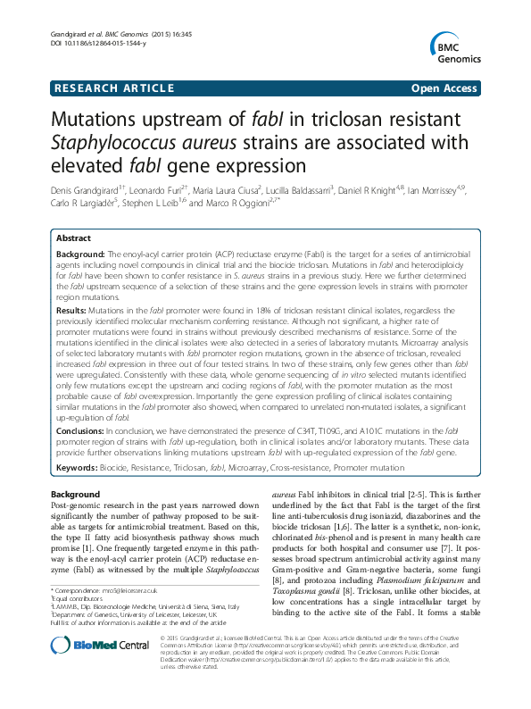 (PDF) Mutations upstream of fabI in triclosan resistant Staphylococcus ...