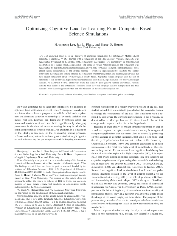 Pdf Optimizing Cognitive Load For Learning From Computer Based Science Simulations