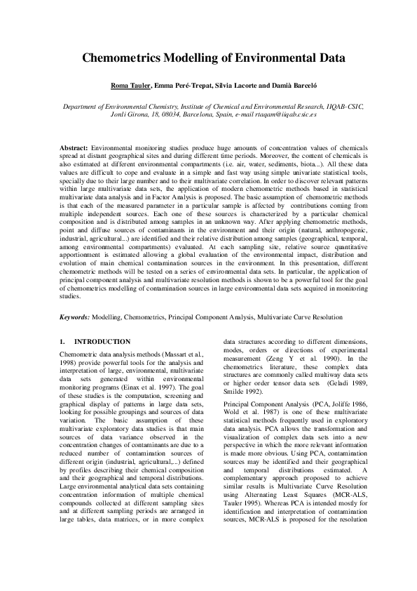 (PDF) Chemometrics Modelling of Environmental Data