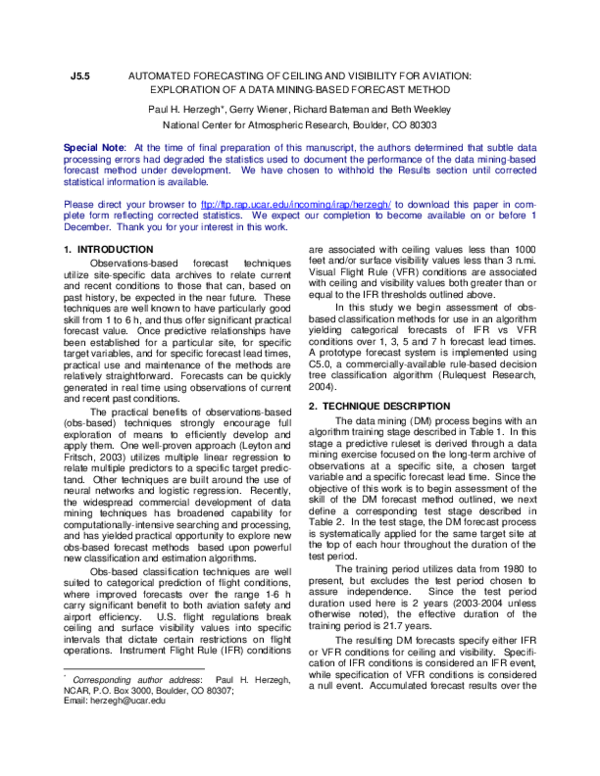 Pdf Automated Forecasting Of Ceiling And Visibility For Aviation Exploration Of A Data Mining