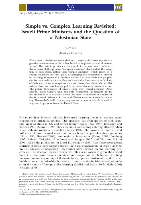 (PDF) Simple vs. Complex Learning Revisited: Israeli Prime Ministers ...