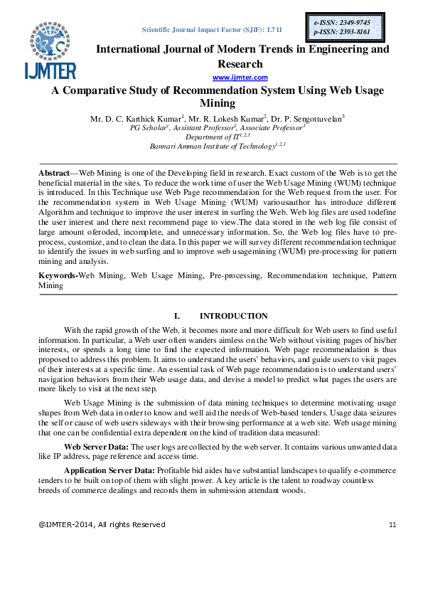 (PDF) A Comparative Study of Recommendation System Using Web Usage Mining