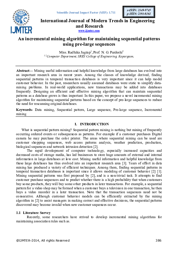 Pdf Incremental Algorithm For Maintaining Sequential Patterns