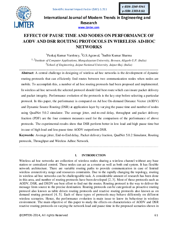 Pdf Effect Of Pause Time And Nodes On Performance Of Aodv And Dsr Routing Protocols In