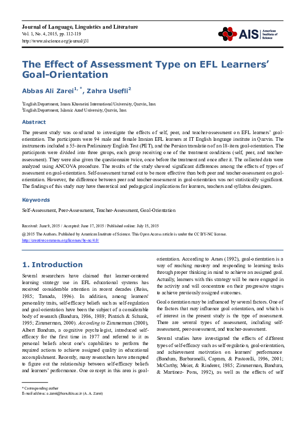 (PDF) The effect of assessment type on EFL learners' goal-orientation