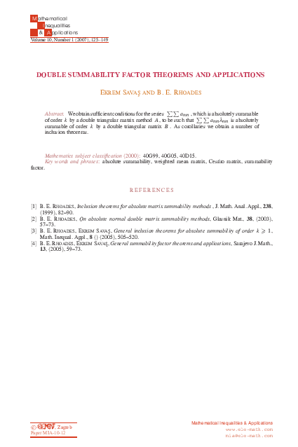 Pdf Double Summability Factor Theorems And Applications B Rhoades And Ekrem Savas