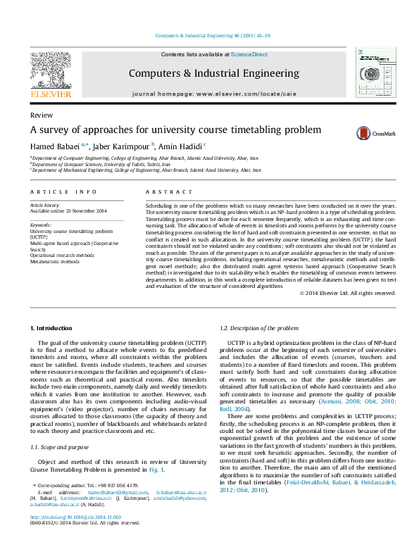 Pdf A Survey Of Approaches For University Course Timetabling Problem