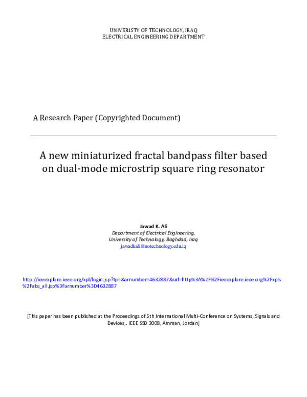 Pdf A New Miniaturized Fractal Bandpass Filter Based On Dual Mode Microstrip Square Ring Resonator