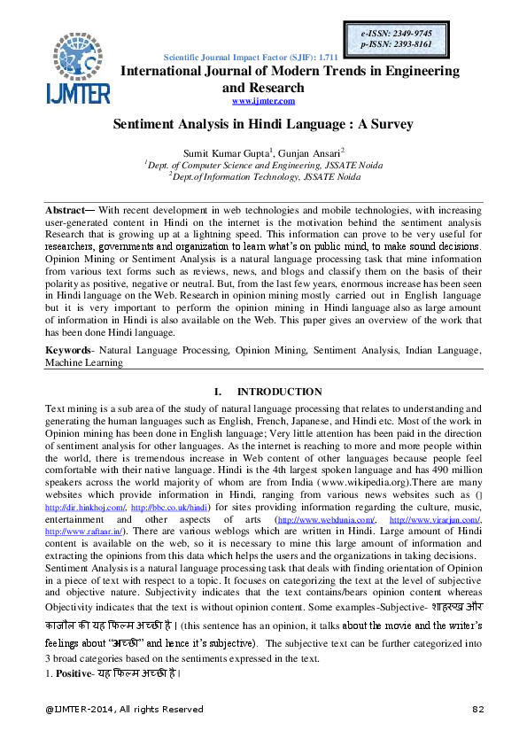 Pdf Sentiment Analysis In Hindi Language A Survey
