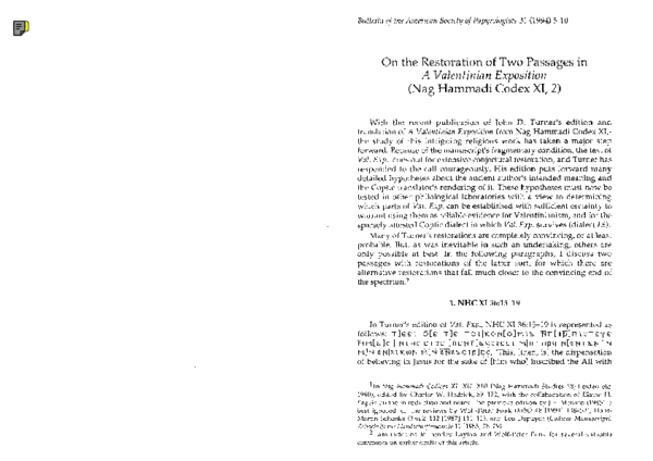 (PDF) On the Restoration of Two Passages in A Valentinian Exposition ...