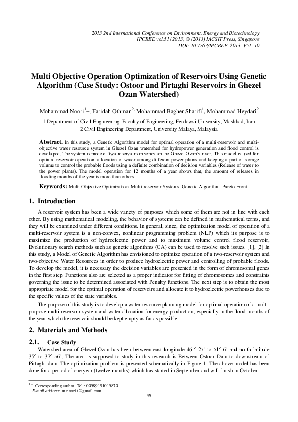(PDF) Multi Objective Operation Optimization of Reservoirs Using Genetic Algorithm -Case Study ...