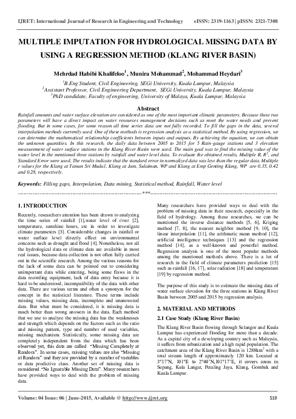 Pdf Multiple Imputation For Hydrological Missing Data By Using A Regression Method Klang