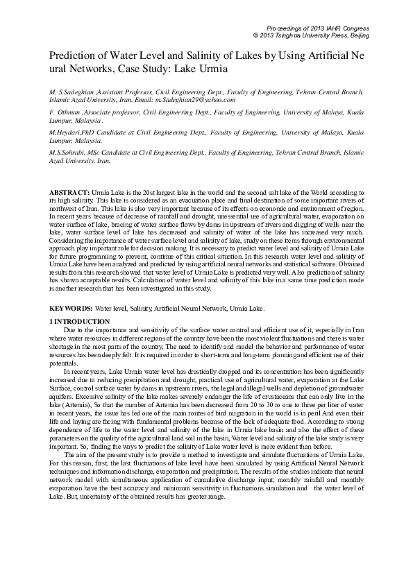 (PDF) Prediction of Water Level And Salinity of Lakes By using Artificial Neural Networks, Case ...