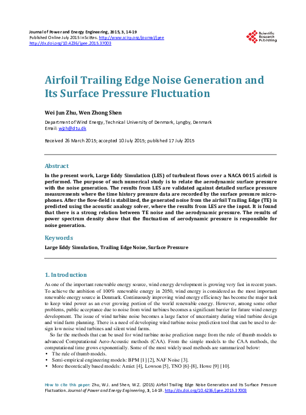 Pdf Trailing Edge Noise And Pressure Fluctuations