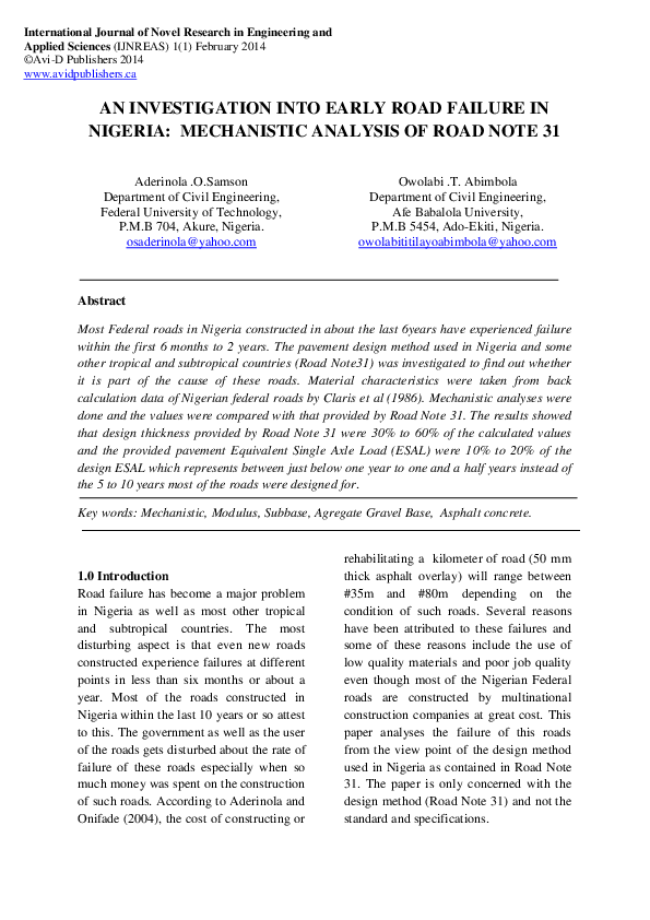 (PDF) AN INVESTIGATION INTO EARLY ROAD FAILURE IN NIGERIA: MECHANISTIC ...