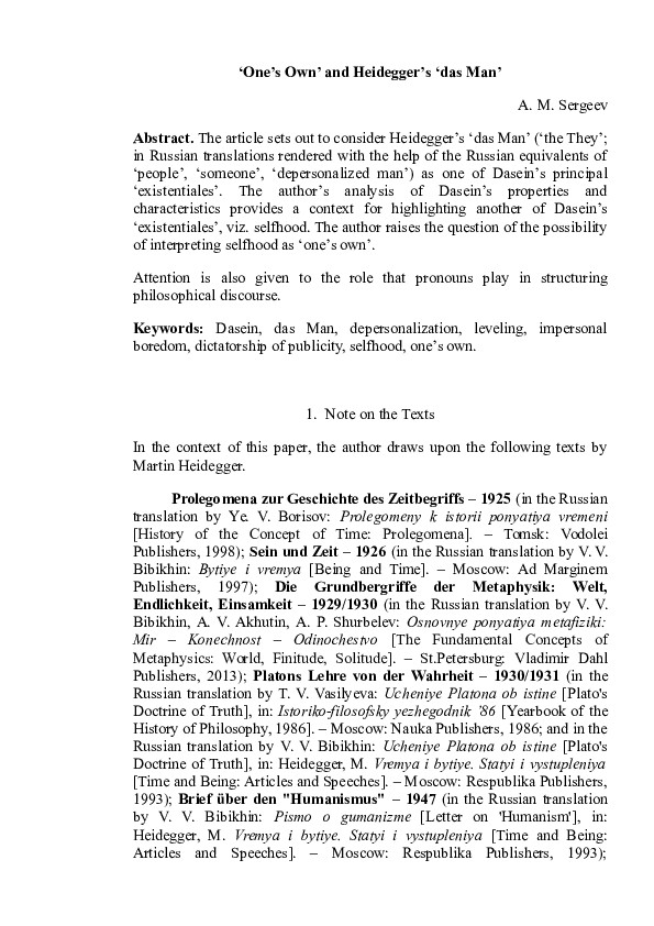 (DOC) ‘One’s Own’ and Heidegger’s ‘das Man’