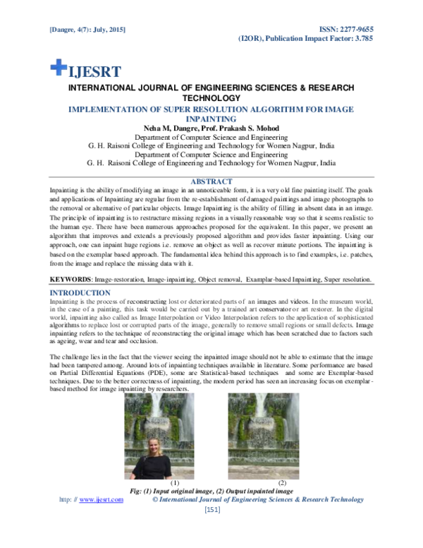 (PDF) IMPLEMENTATION OF SUPER RESOLUTION ALGORITHM FOR IMAGE INPAINTING (PDF) IMPLEMENTATION OF SUPER RESOLUTION ALGORITHM FOR IMAGE INPAINTING