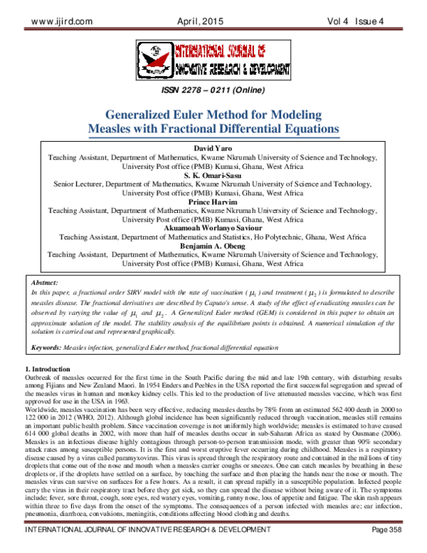 Generalized Euler Method For Modeling Measles With Fractional Differential Equations