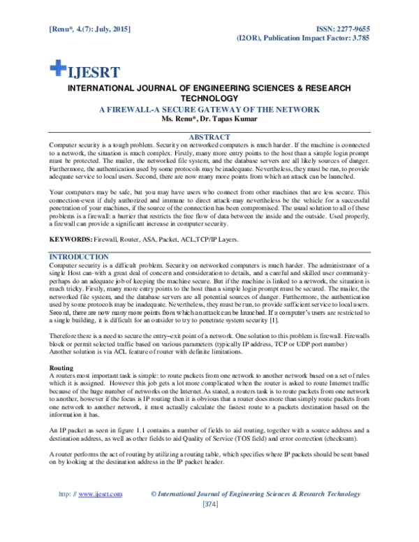 (PDF) A FIREWALL - A SECURE GATEWAY OF THE NETWORK