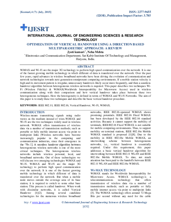(PDF) OPTIMIZATION OF VERTICAL HANDOVER USING A DIRECTION BASED MULTIPARAMETRIC APPROACH : A REVIEW