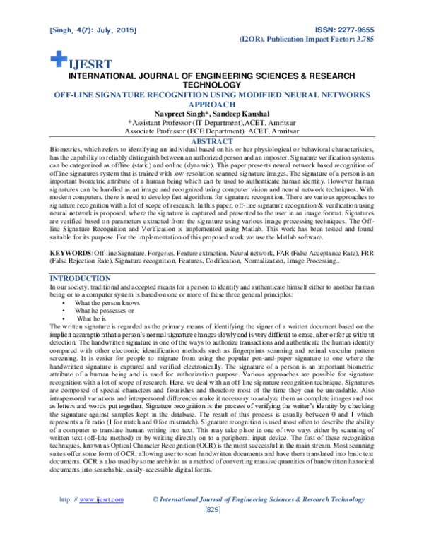 Pdf Off Line Signature Recog Nition Using Modifie D Neural Networks