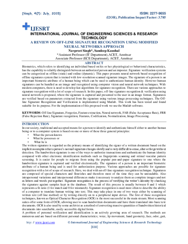 Pdf A Review On Off Line Signature Recog Nition Using Modified Neural Networks Appr Oach
