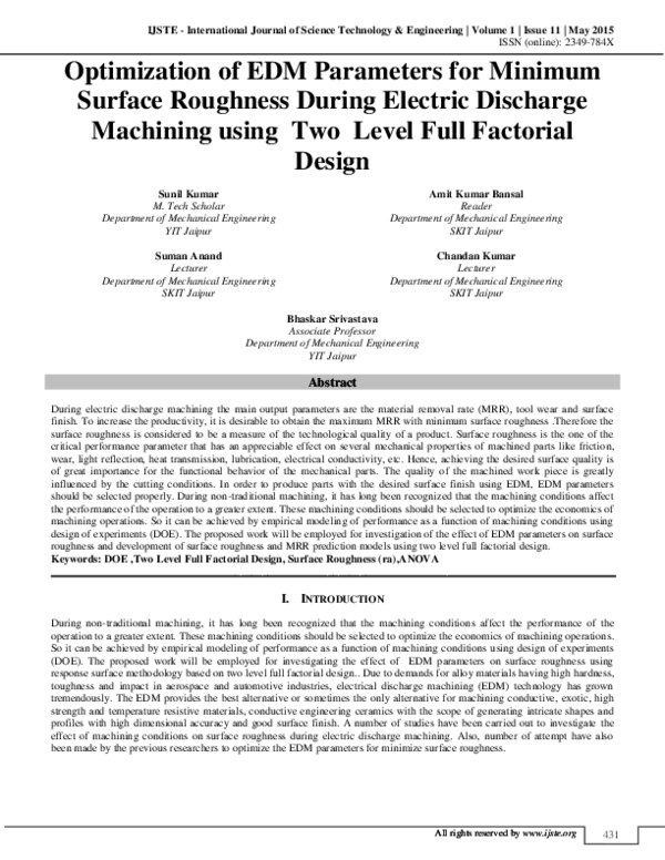 Pdf Optimization Of Edm Parameters For Minimum Surface Roughness During Electric Discharge