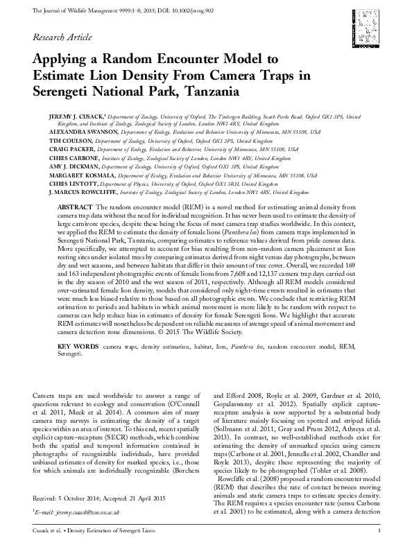 (PDF) Applying a random encounter model to estimate lion density from camera traps in Serengeti ...