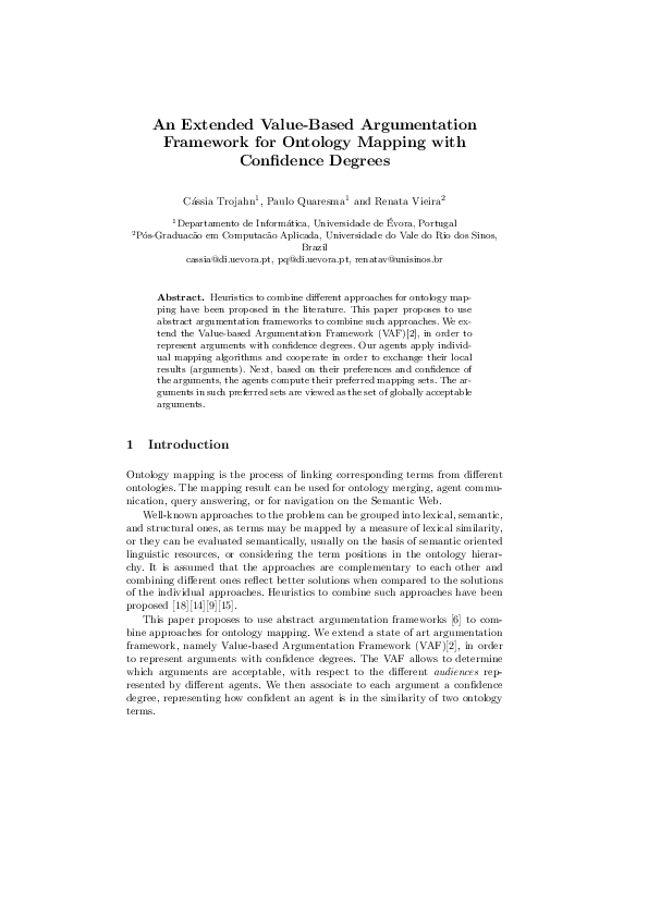 Pdf An Extended Value Based Argumentation Framework For Ontology Mapping With Confidence Degrees