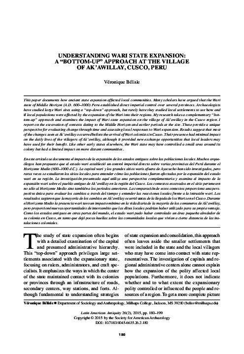 (PDF) Understanding Wari State Expansion: A "Bottom-Up" Approach at the ...