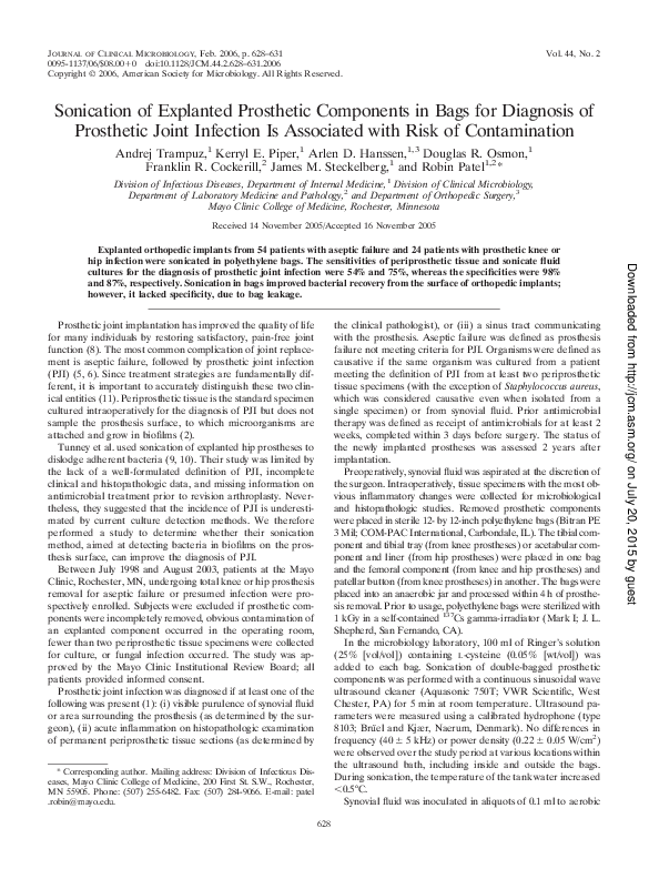 (PDF) Sonication of Explanted Prosthetic Components in Bags for ...