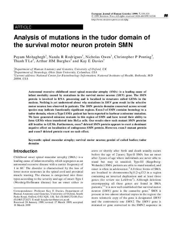 Analysis of mutations in the tudor domain of the survival motor neuron ...