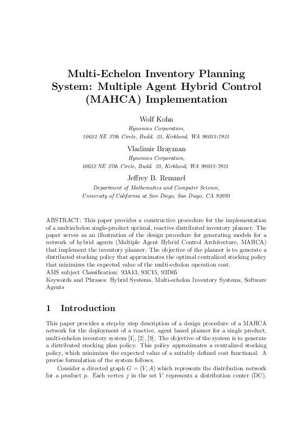 (PDF) Multi-Echelon Inventory Planning System: Multiple Agent Hybrid Control (MAHCA) Implementation