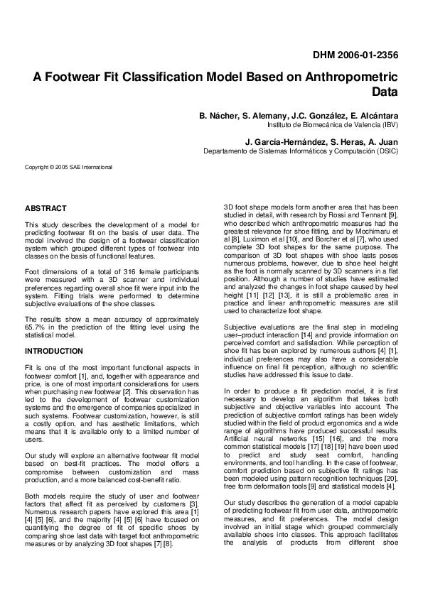 Pdf A Footwear Fit Classification Model Based On Anthropometric Data