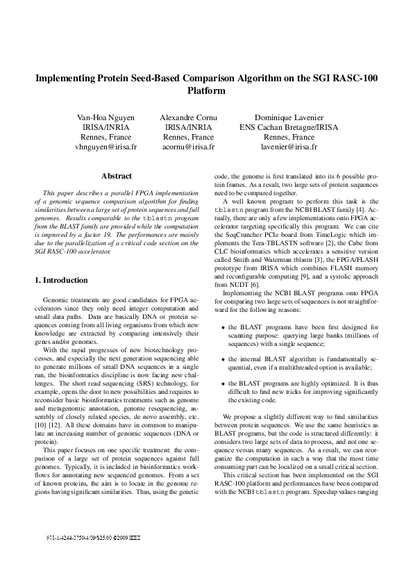 (PDF) Implementing protein seed-based comparison algorithm on the SGI RASC-100 platform