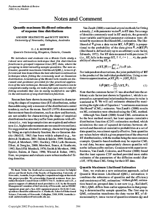(PDF) Quantile Maximum Likelihood Estimation of Response Time Distributions.