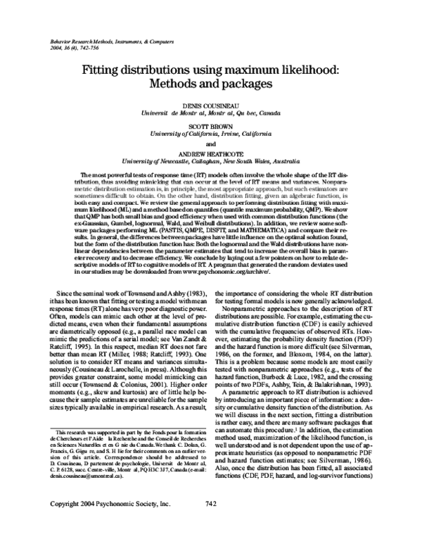 (PDF) Fitting distributions using maximum likelihood: Methods and packages.