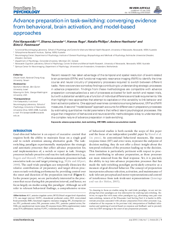 (PDF) Advance preparation in task-switching: converging evidence from ...