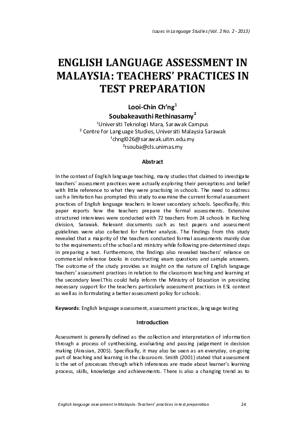 (PDF) English Language Assessment in Malaysia: Teachers' Practices in ...