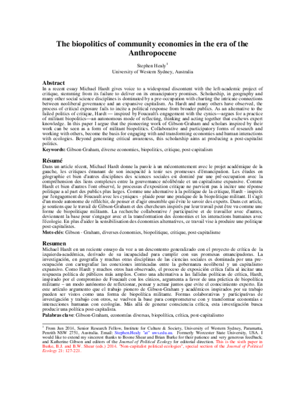 (PDF) Stephen Healy. 2014. The biopolitics of community economies in ...