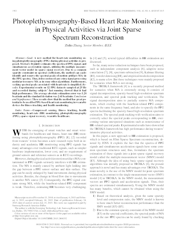 Pdf Photoplethysmography Based Heart Rate Monitoring In Physical Activities Via Joint Sparse