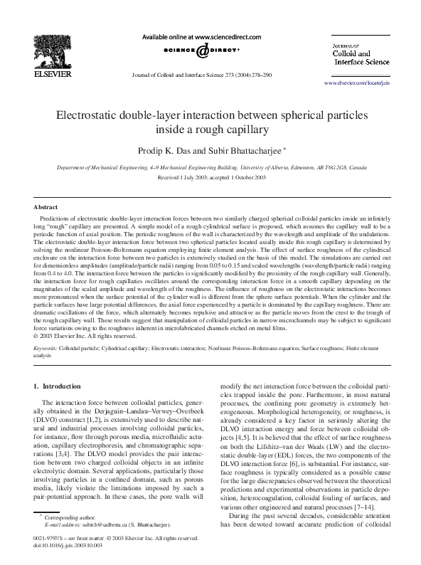 Pdf Electrostatic Double Layer Interaction Between Spherical Particles Inside A Rough Capillary