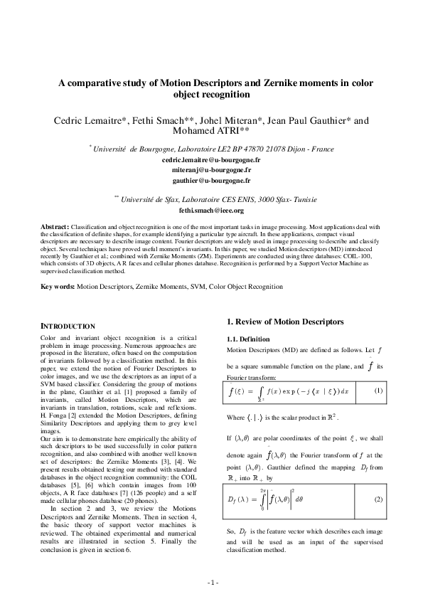 (PDF) A comparative study of Motion Descriptors and Zernike moments in color object recognition