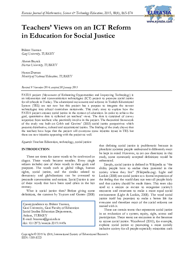 (PDF) Teachers’ Views on an ICT Reform in Education for Social Justice